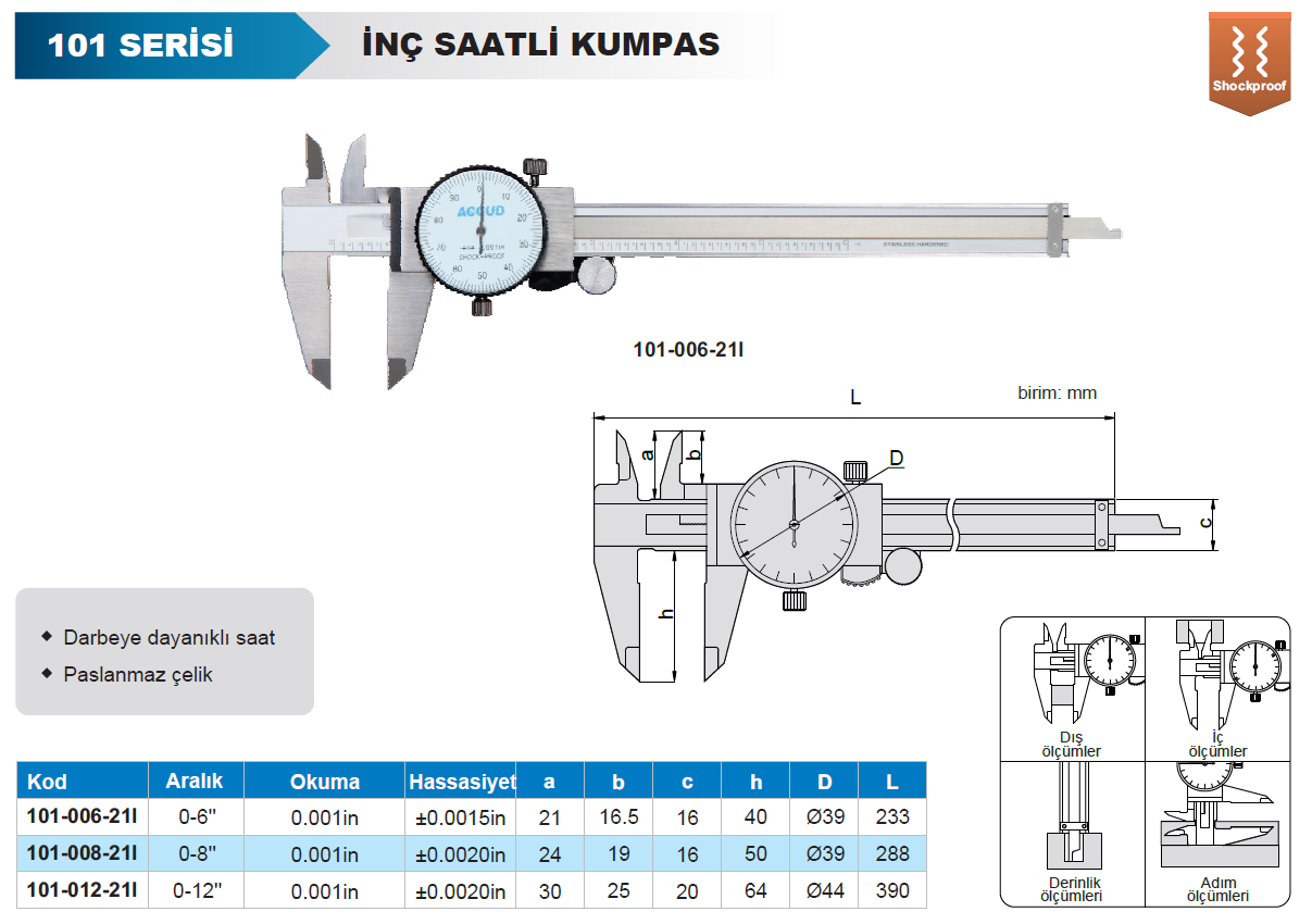 İnç Saatli Kumpas 101 Serisi| www.teknikolcum.com